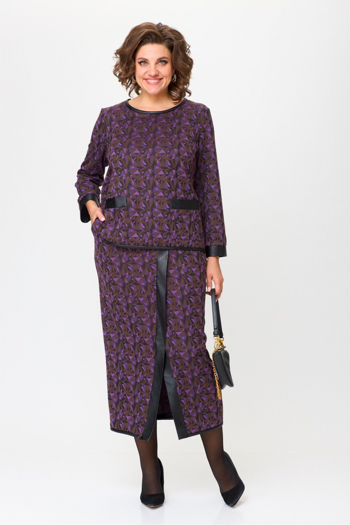 Michel chic 1394 шоколад+фиолет - Юбочный комплект из вискозы и кожаных деталей купить за 6799₽