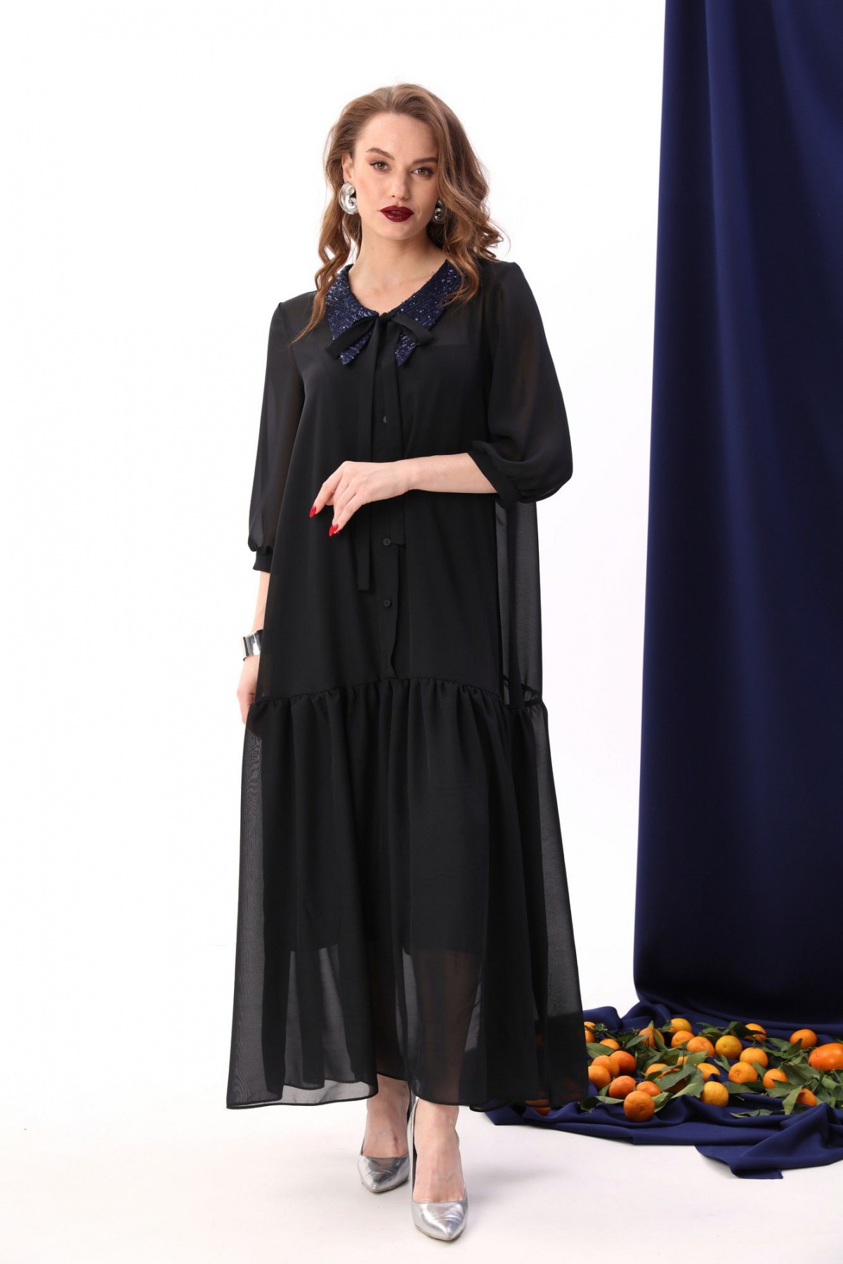 Платье макси с воланом из шифона и двухслойной конструкцией NikVa 800-5 чёрный+индиго купить за ...