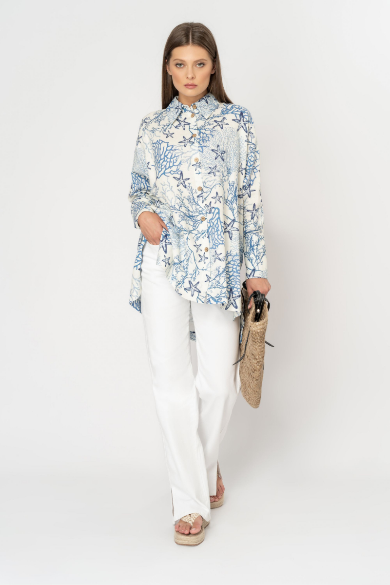 Блуза на каждый день из льна голубого цвета Elema 2К-11650-1-164 принт купить за 176.65BYN